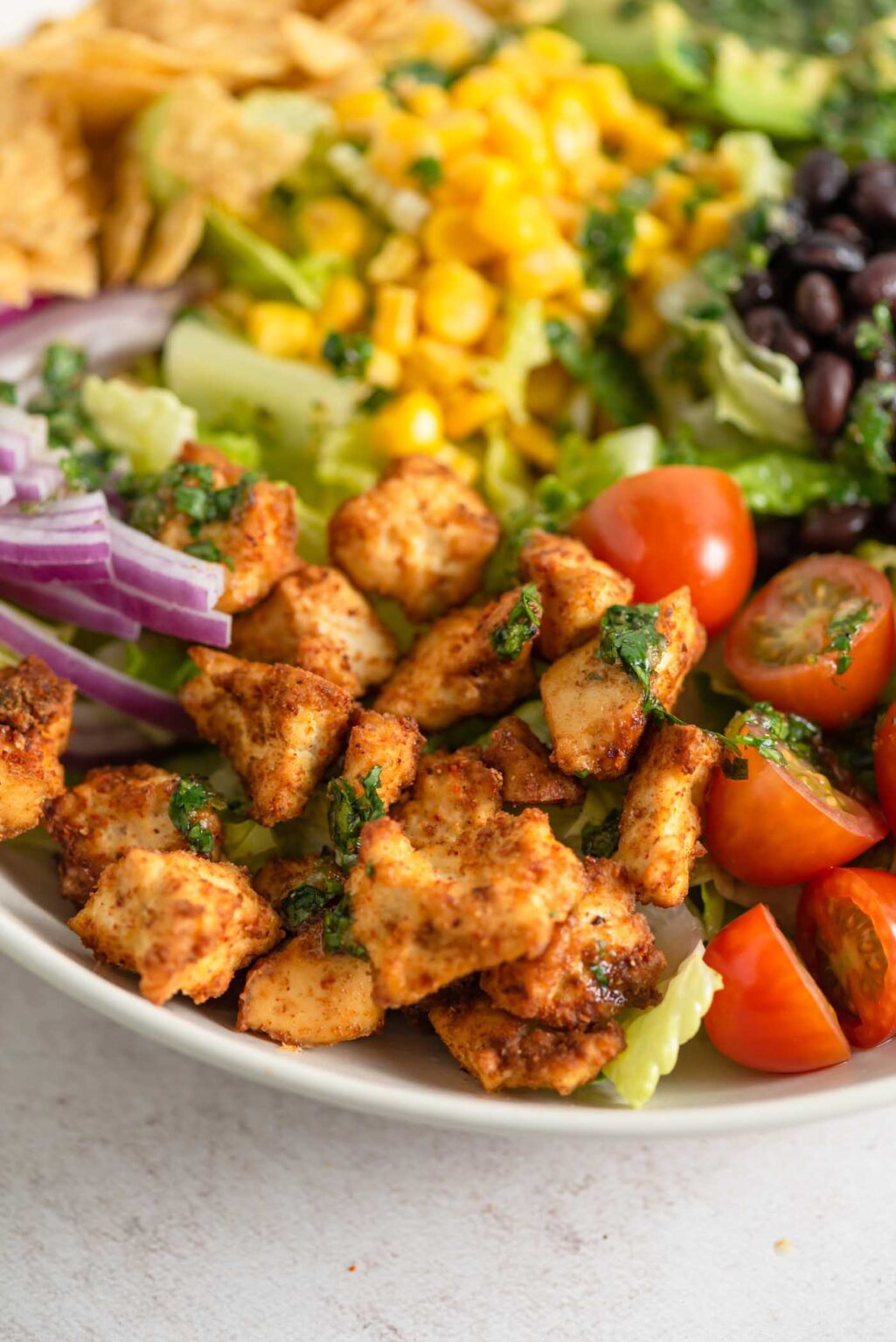 Santa Fe Salad with Cilantro Lime Dressing and Crispy Baked Tofu